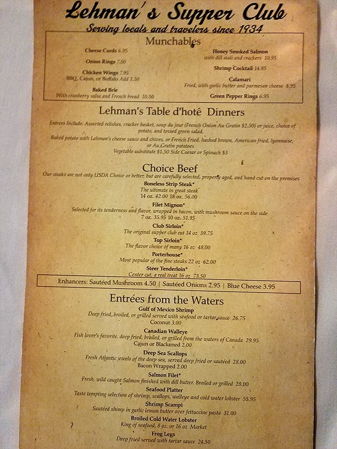 This yellowed menu isn't vintage marketing – it's the real deal, a passport to Wisconsin's culinary traditions where steaks and seafood reign supreme.