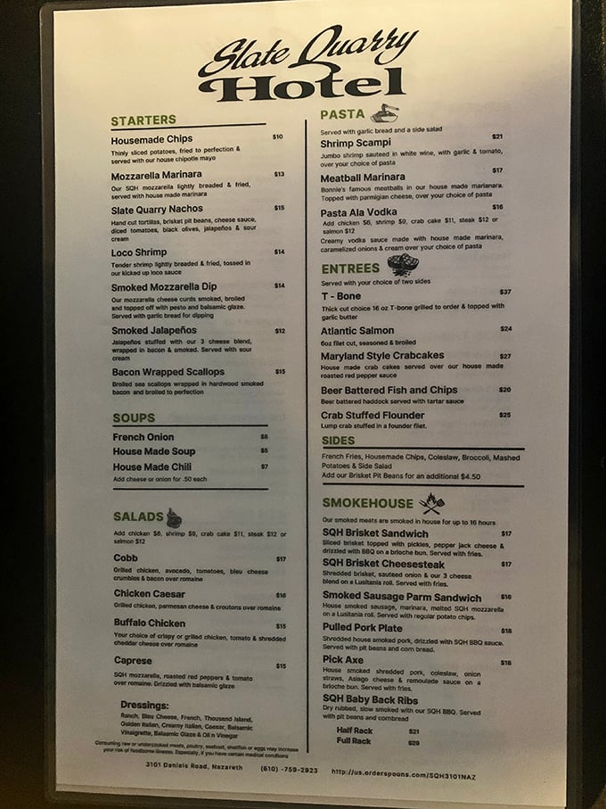 A menu that reads like a love letter to comfort food. The "Smokehouse" section is where the magic happens—look at that 10-hour smoked brisket calling your name!