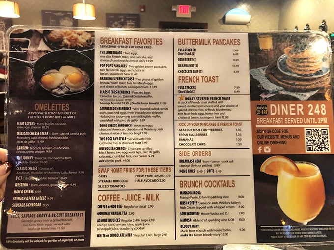 This isn't just a menu—it's a roadmap to happiness. Breakfast served all day because pancakes at dinnertime is sometimes the only rational response to adulthood.