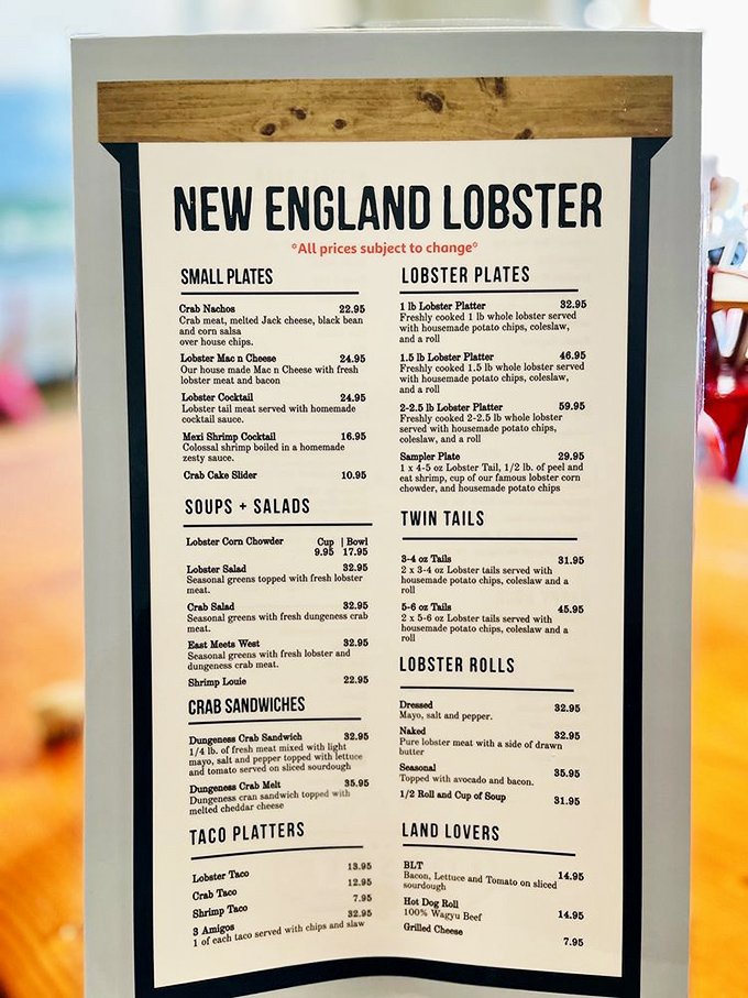This menu isn't just a list – it's a treasure map where X marks the spot for lobster nirvana in multiple delicious forms.