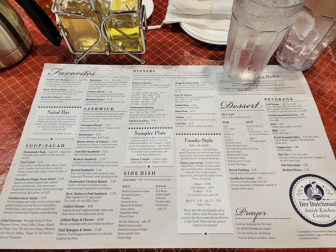 The menu reads like a love letter to comfort food. Notice the prayer printed at the bottom—you'll be thanking the heavens too after tasting what comes out of this kitchen.