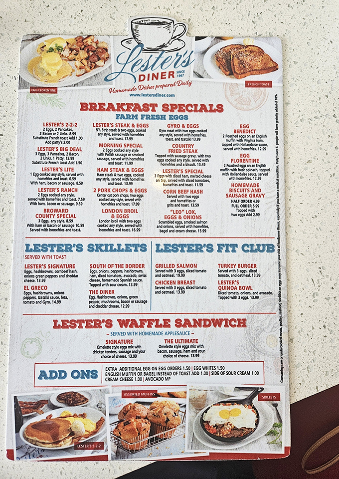 This menu isn't just a list of food—it's a roadmap to happiness with breakfast served all day. The "2-2-2" special is practically the Florida state breakfast.