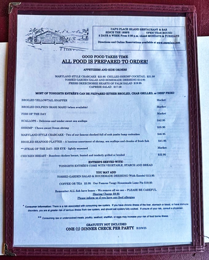 This menu isn't just a list of dishes—it's a maritime treasure map where X marks the spot for those legendary Maryland-style crab cakes. 