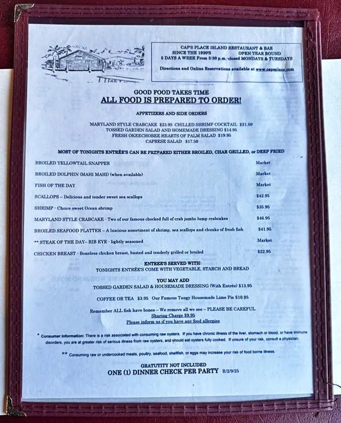 This menu isn't just a list of dishes—it's a maritime treasure map where X marks the spot for those legendary Maryland-style crab cakes.