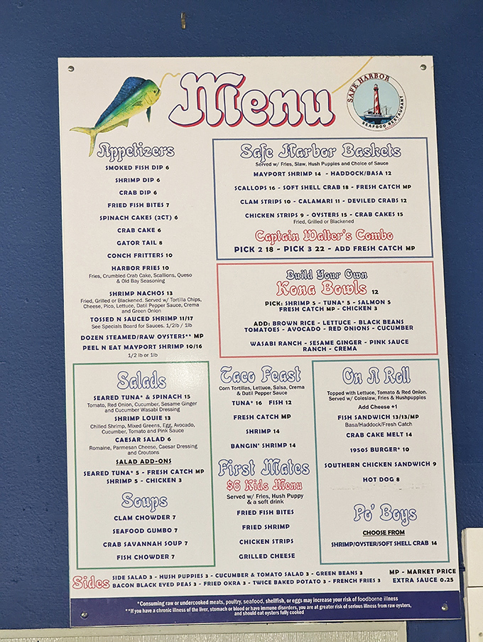 This menu isn't just a list—it's a treasure map to seafood nirvana. Mayport shrimp, haddock, and gator tail? Decision paralysis has never been so delicious.