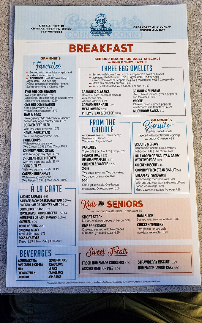 This menu isn't trying to reinvent breakfast—it's preserving it with the reverence it deserves. The separate biscuit section tells you everything about their priorities.