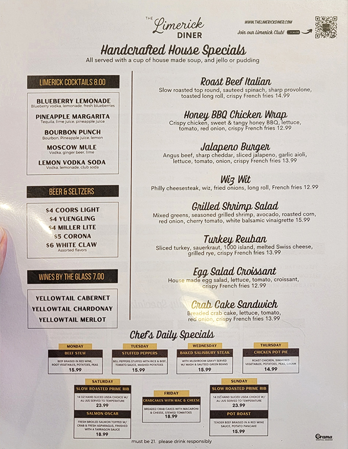 The menu reads like a love letter to American comfort food, with house specials that promise homemade soup and a sweet ending.