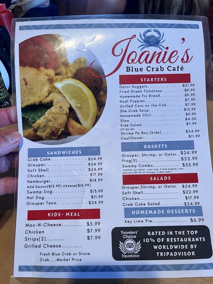 A menu that reads like a love letter to the Everglades – where else can you debate between gator nuggets and frog legs before your morning coffee?