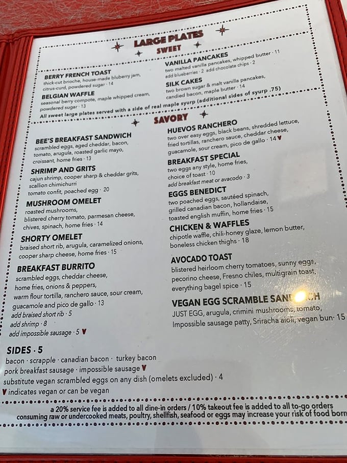 This menu isn't just a list of food—it's a roadmap to happiness. The Shorty Omelet alone is worth crossing state lines for.