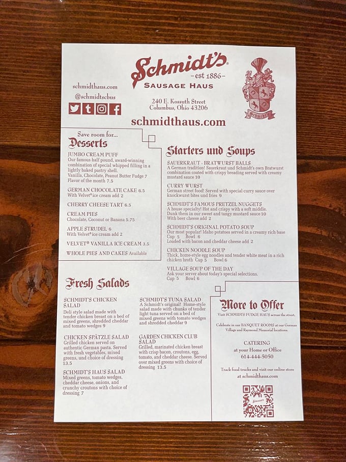 The menu reads like a love letter to German cuisine—with that cream puff warning you to save room for dessert. Spoiler alert: you absolutely should.