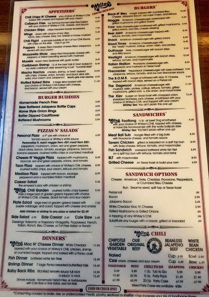 The menu at Whitey's reads like a love letter to American comfort food—each item promising a delicious commitment to your taste buds.