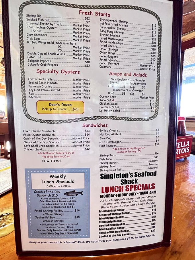 This menu isn't just a list—it's a maritime treasure map. Dean's Dozen oysters and "bring your own catch" options? Now that's Florida hospitality.