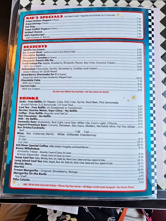 A menu that reads like a love letter to American classics—where desserts and boozy milkshakes get equal billing with the main attractions.