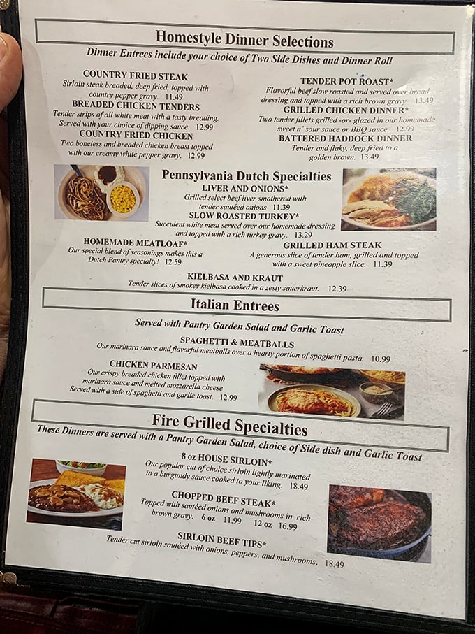 This menu isn't just a list of food – it's a roadmap to happiness. The "Pennsylvania Dutch Specialties" section alone could solve most of life's problems.