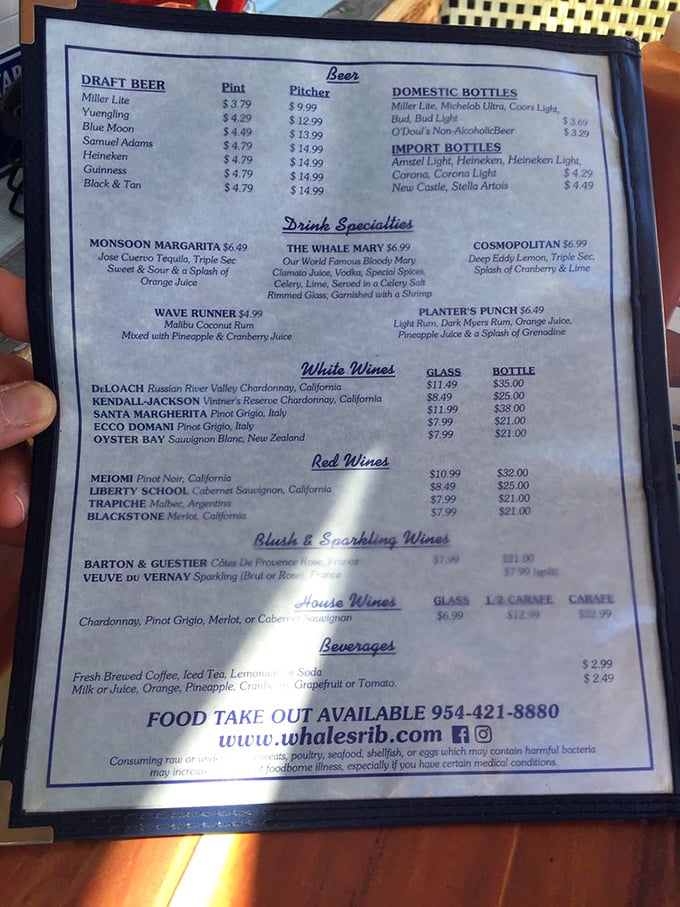 A menu that doesn't need fancy fonts or flowery descriptions—just the promise of ocean-fresh delights and that famous Whale Mary.
