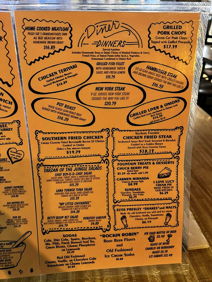 This isn't just a menu—it's a pop culture scavenger hunt where Tarzan, Betty Boop, and Elvis all contribute to your dining decisions.