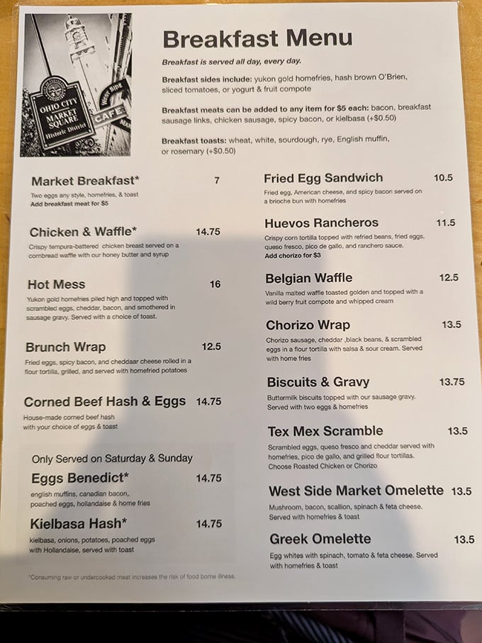 This menu isn't just a list of dishes—it's a roadmap to breakfast bliss. The "Hot Mess" lives up to its delicious name!