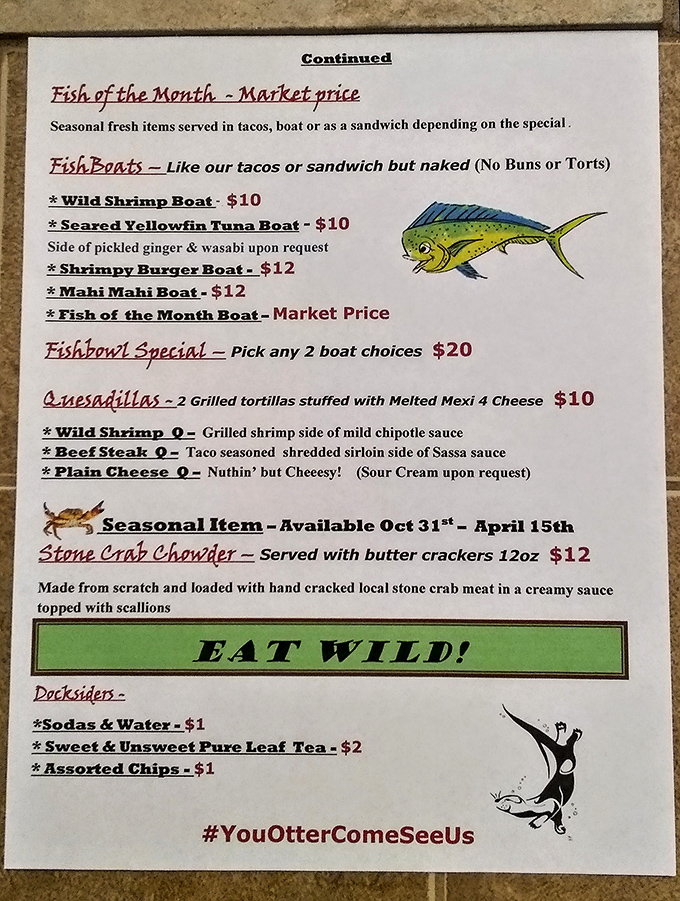 This menu isn't asking for your life story—it's telling you exactly what you need to know. "Eat Wild!" isn't just a suggestion, it's practically marine wisdom.