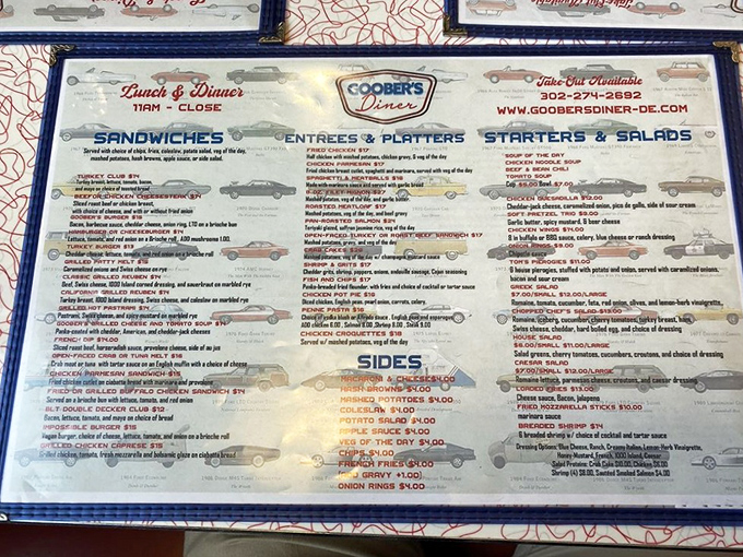 The menu at Goobers reads like a love letter to American comfort food classics, with vintage car illustrations adding retro charm.