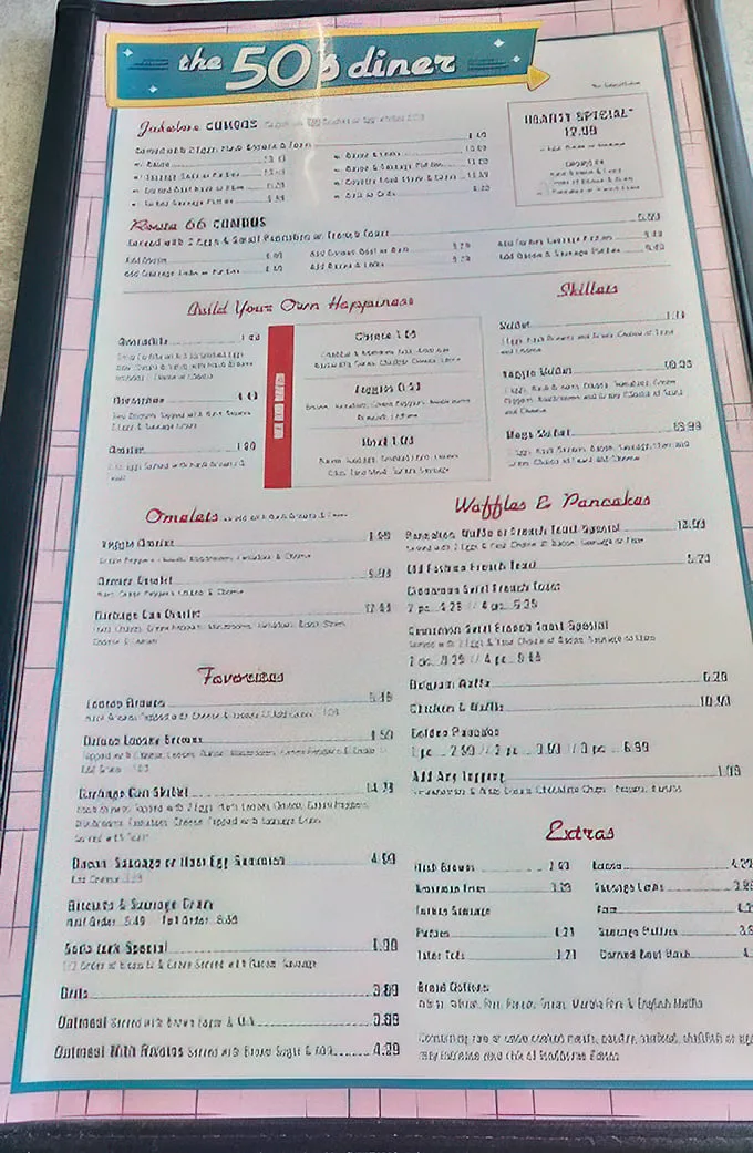 This menu isn't just food options—it's a roadmap to happiness with clever section titles like "Build Your Own Happiness."