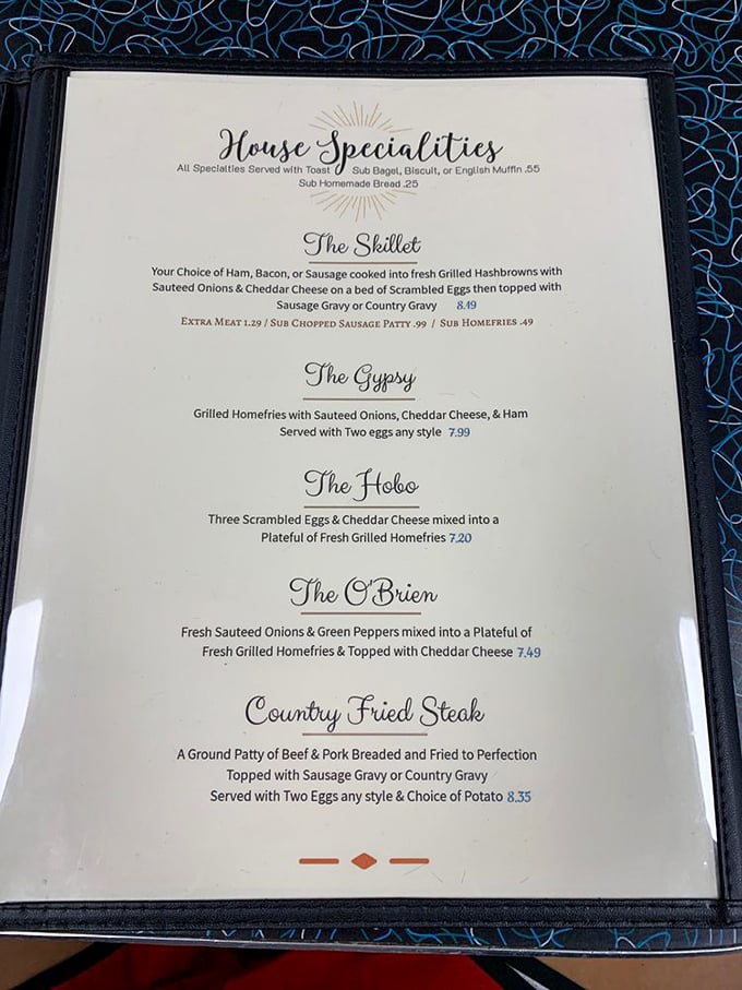 The menu reads like a love letter to American classics. "The Skillet" isn't just breakfast—it's morning salvation on a plate.