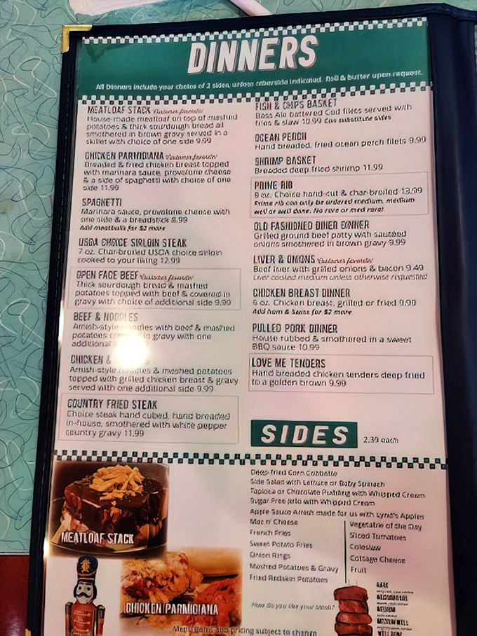 This menu isn't just a list of food—it's a roadmap to happiness with classics like meatloaf stack and chicken parmigiana.