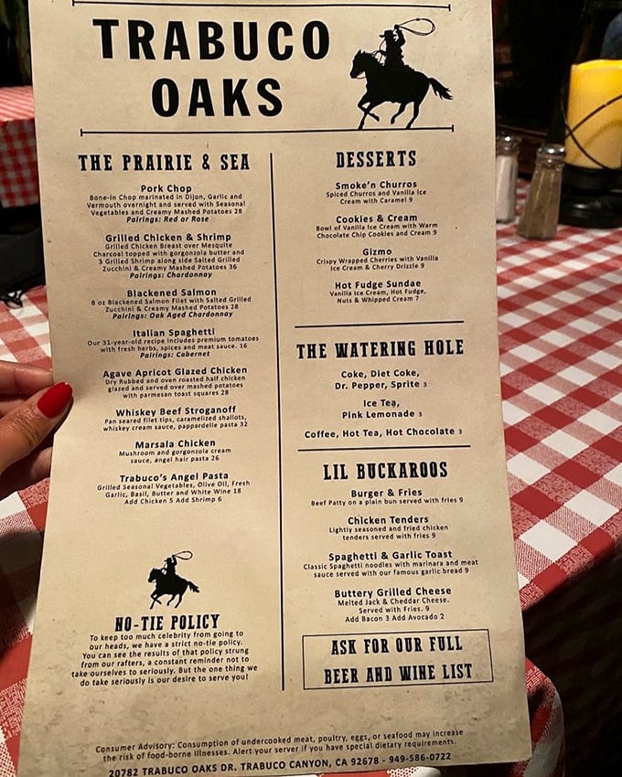 The menu tells you everything you need to know: serious about steaks, serious about the no-tie policy, not serious about much else.