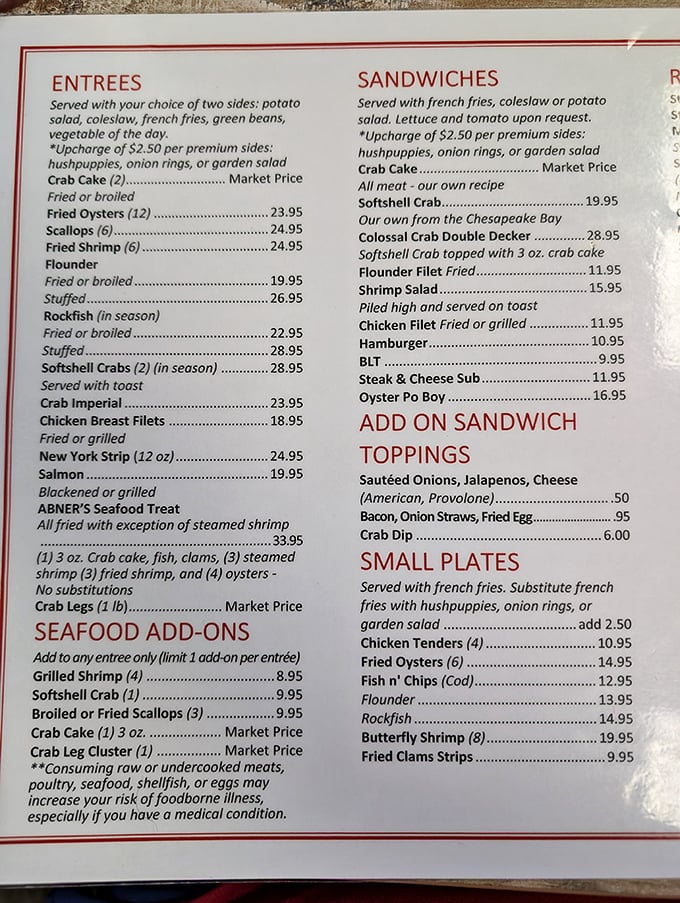 This menu isn't just a list—it's a treasure map where X marks the spot for Chesapeake Bay's finest offerings.