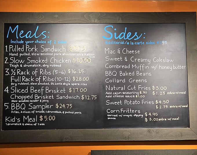 The chalkboard menu reads like poetry to meat lovers—simple, straightforward, and guaranteed to trigger immediate hunger pangs.