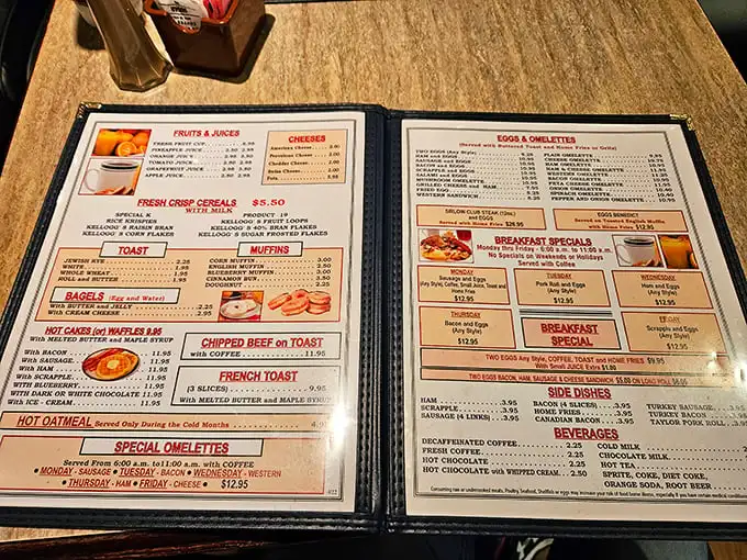 This menu isn't just a list of food—it's a roadmap to happiness. Each laminated page promises comfort classics that would make your grandmother nod in approval. 
