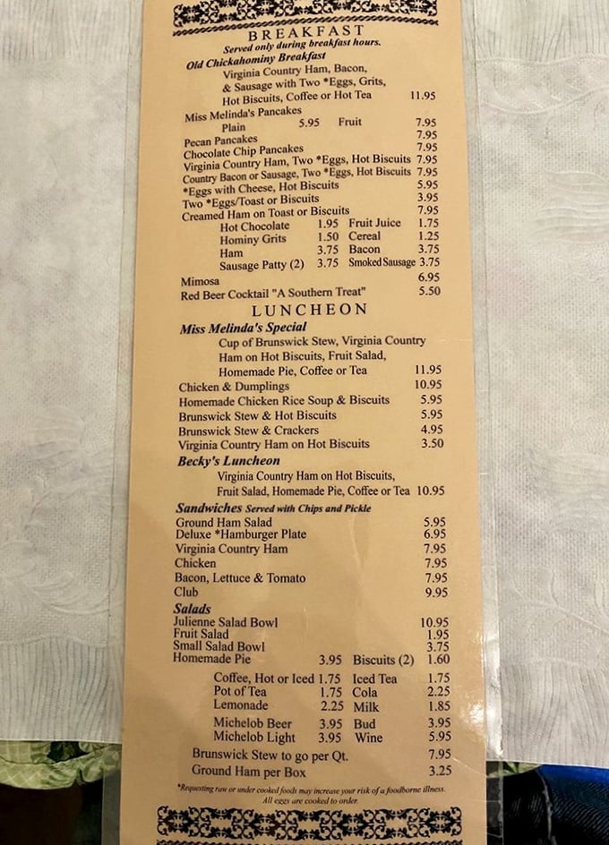 This isn't just a menu—it's a time machine. Miss Melinda's Special might be the most important relationship you'll develop during your Williamsburg visit.