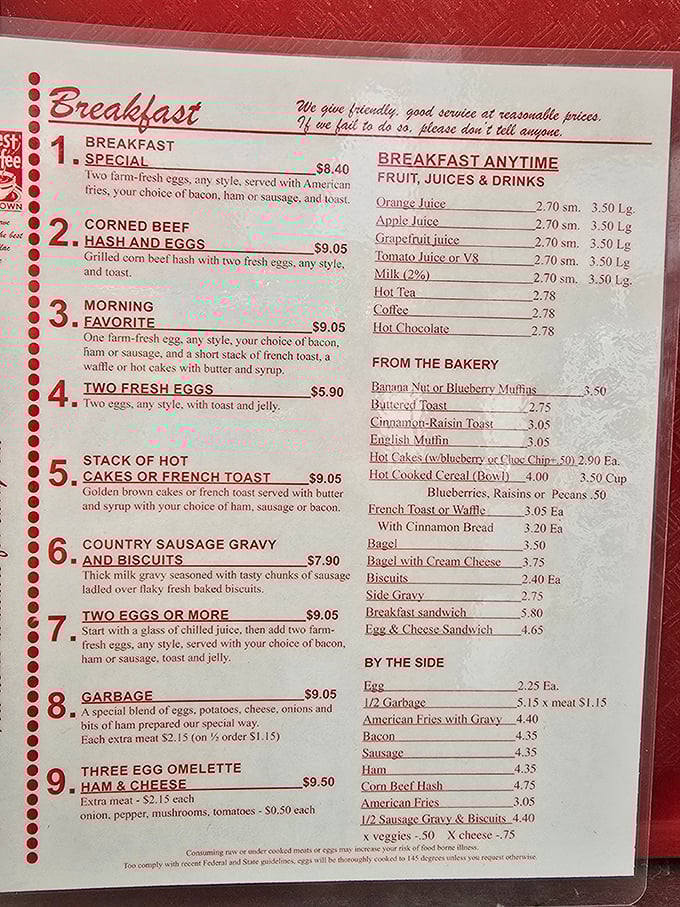 No fancy fonts or pretentious descriptions here—just honest breakfast fare spelled out clearly on a menu that hasn't needed updating in decades.