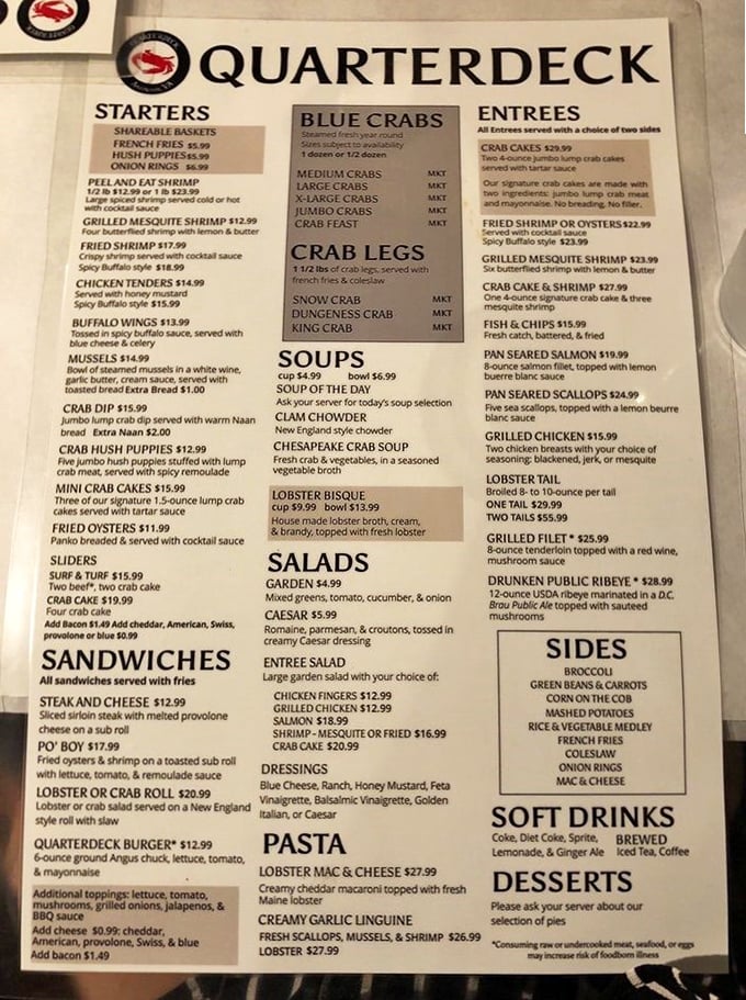 This menu isn't just a list—it's a treasure map to Chesapeake Bay delights, with crab taking center stage in all its glorious forms.