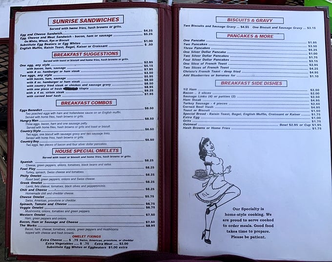 This menu isn't just a list of food—it's a roadmap to happiness with omelets that deserve their own zip code.
