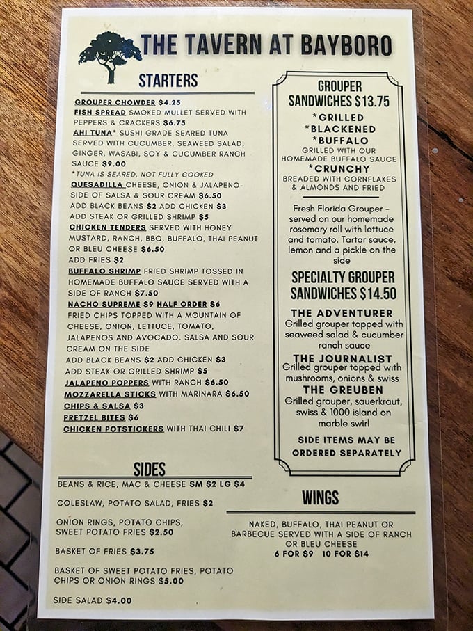 A menu that reads like a love letter to unpretentious eating—where grouper gets star treatment and comfort food reigns supreme.