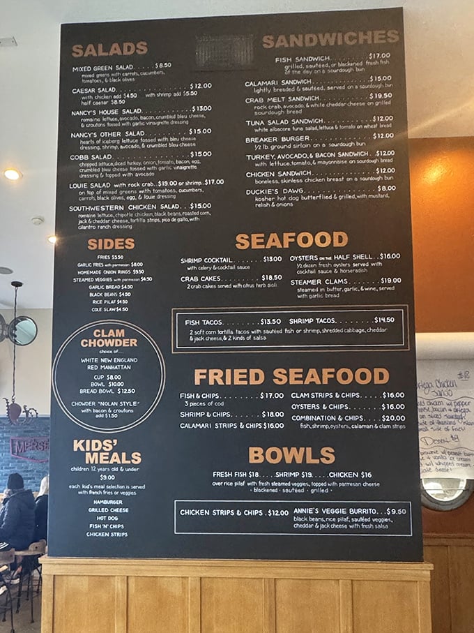 The menu board displays treasures from the sea, with that famous clam chowder holding court like the star it is.