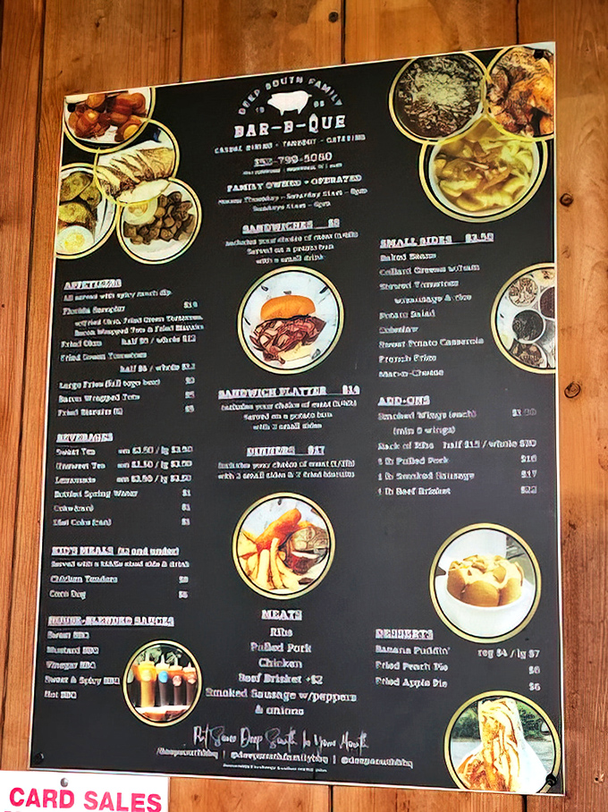 A menu that reads like poetry to carnivores. Notice there's no "light options" section—this is commitment, not a casual relationship with barbecue.
