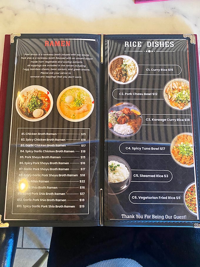 A menu that reads like a love letter to noodles – each option more tempting than your neighbor's dessert.