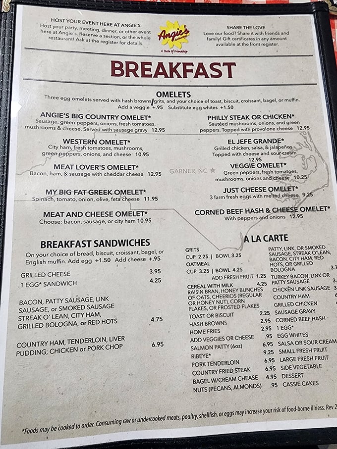 The breakfast menu at Angie's reads like poetry to the hungry—omelets that could feed a small family and breakfast sandwiches worth setting alarms for.