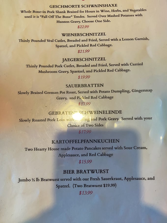 A German food lover's dream menu. Words like "Geschmorte Schwainshaxe" might challenge your pronunciation skills, but your taste buds will thank you for trying.