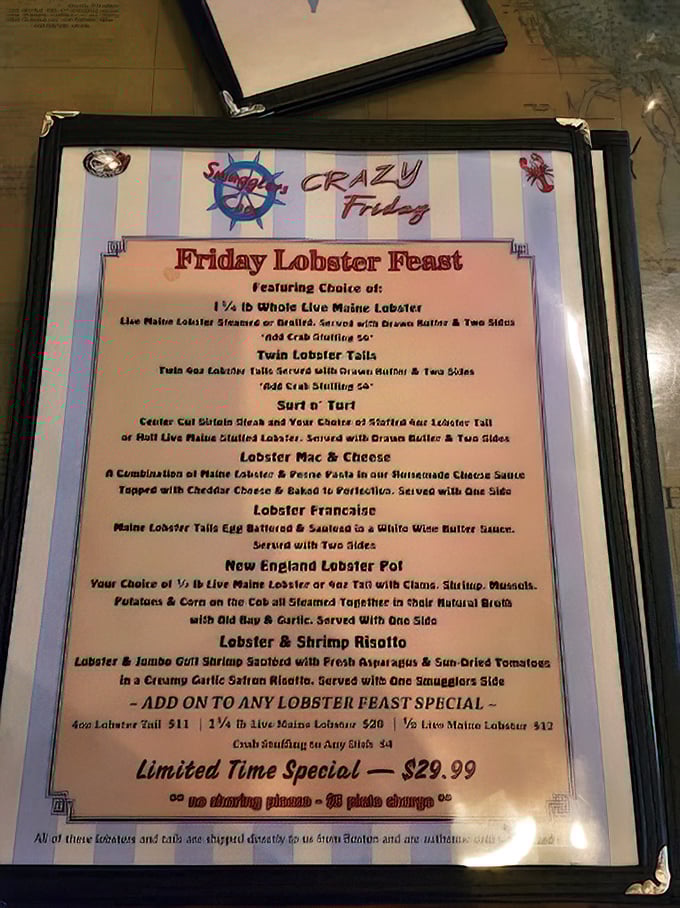 "Smuggler's CRAZY Friday" isn't just a menu—it's a treasure map to lobster nirvana that makes weekends worth surviving Monday through Thursday.