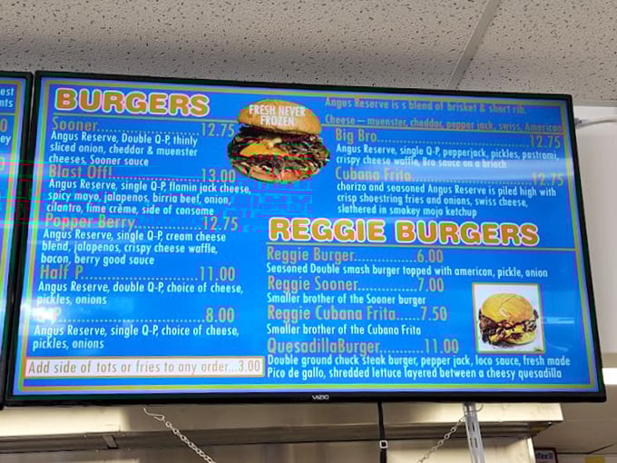 The menu board tells the whole story—these aren't your average fast-food burgers. Each option promises a different path to happiness.