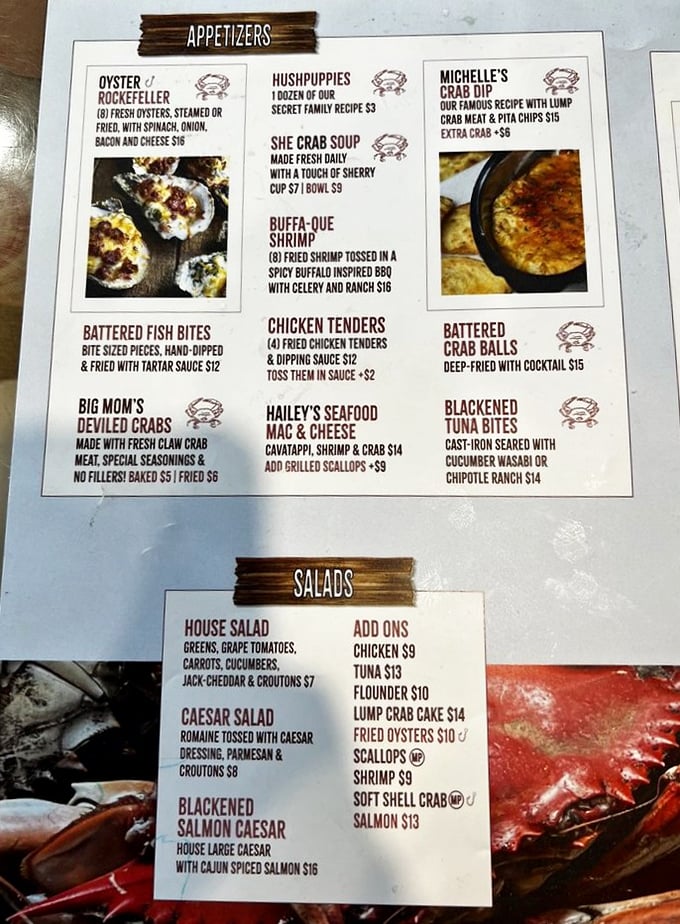 This menu isn't just a list—it's a treasure map. "Michelle's Crab Dip" and "She Crab Soup" aren't just dishes; they're local legends.