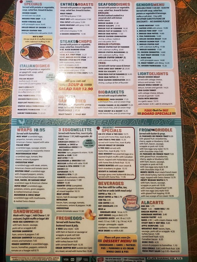 A menu that reads like a novel of comfort food possibilities. The breakfast section alone could sustain you through a Pennsylvania winter.