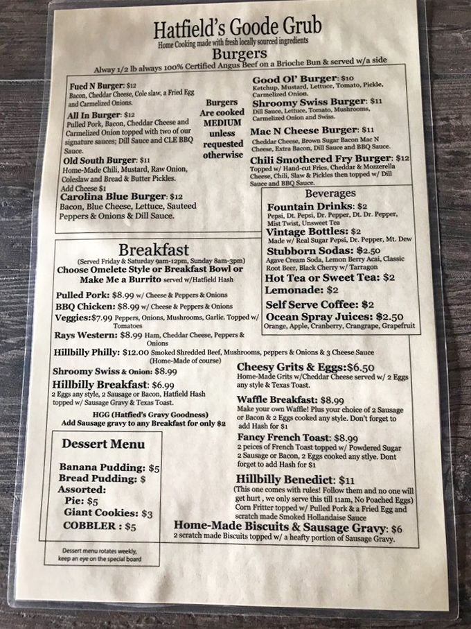This menu isn't just a list—it's a roadmap to happiness. The Hillbilly Benedict alone is worth the drive from anywhere in Ohio.
