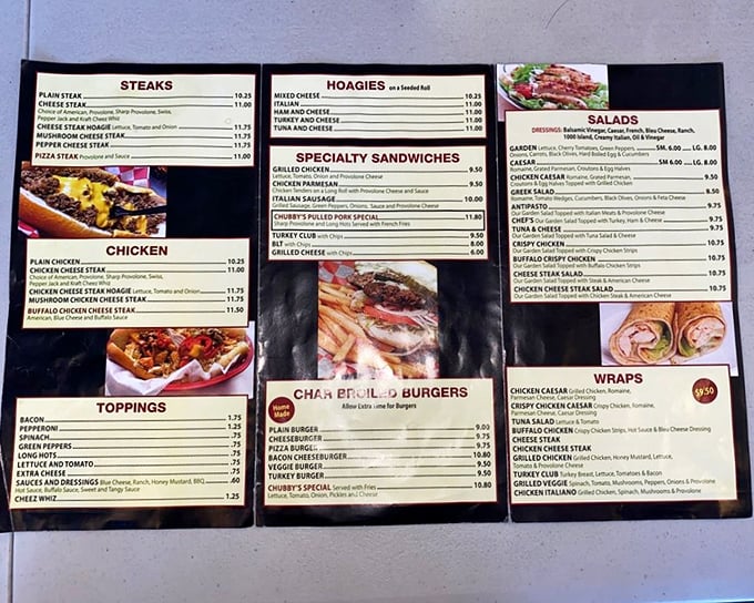 The menu at Chubby's reads like a love letter to Philadelphia street food. Decisions, decisions—though we all know what you're really here for.