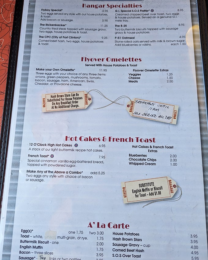 "Flyover Omelettes" and "Hangar Specialties" – this isn't just a menu, it's an aviation-themed journey for your taste buds.