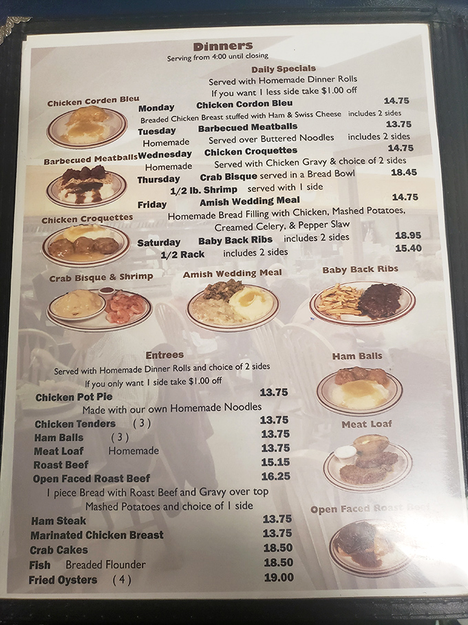 This menu isn't just a list of options—it's a roadmap to Pennsylvania Dutch paradise. Each daily special tells a story of tradition and care.