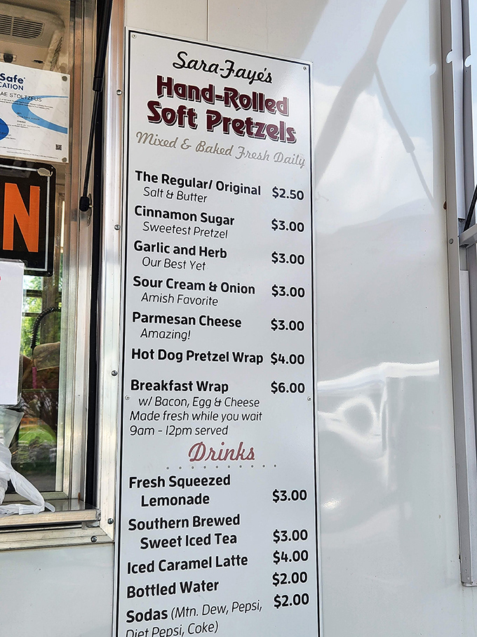 Sara-Faye's pretzel menu reads like poetry. The "Amazing!" description for Parmesan Cheese isn't overselling—it's a public service announcement.