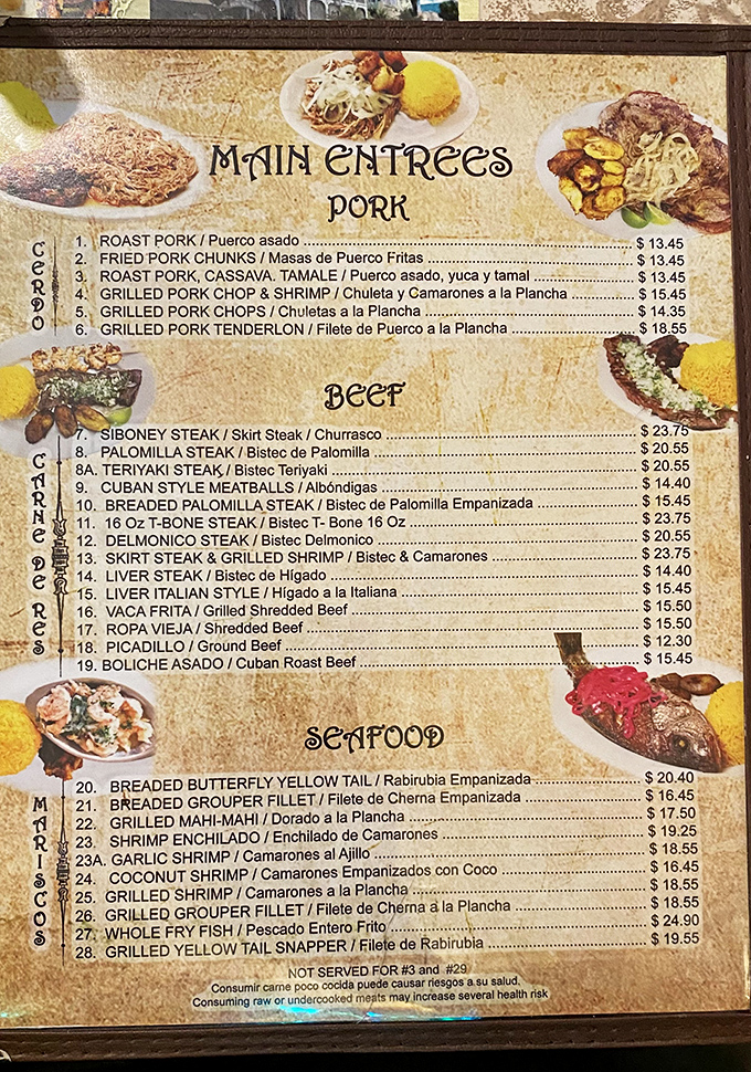 A menu that reads like a love letter to Cuban cuisine. Notice how your eyes immediately dart to the pork section? Trust that instinct.